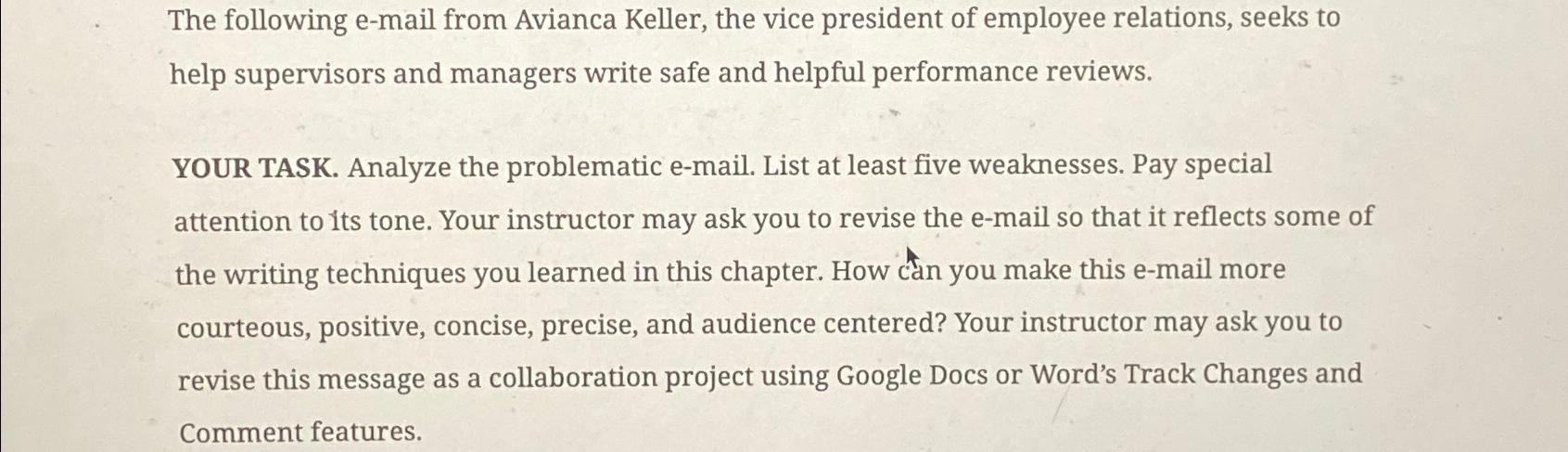 Solved The following e-mail from Avianca Keller, the vice | Chegg.com