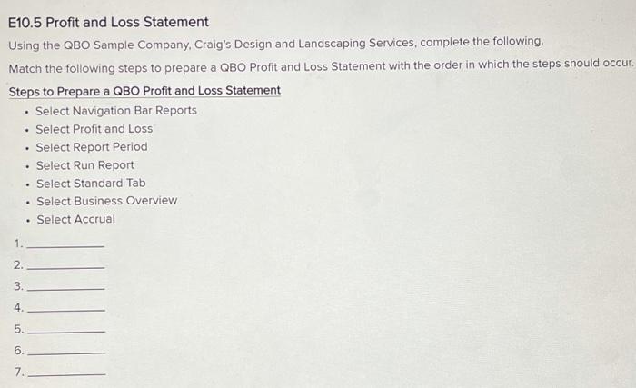Solved E10.5 Profit and Loss Statement Using the QBO Sample | Chegg.com