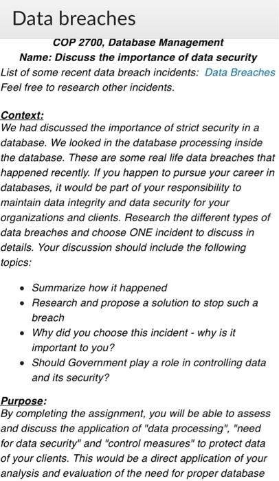 Solved Data breaches COP 2700, Database Management Name: | Chegg.com