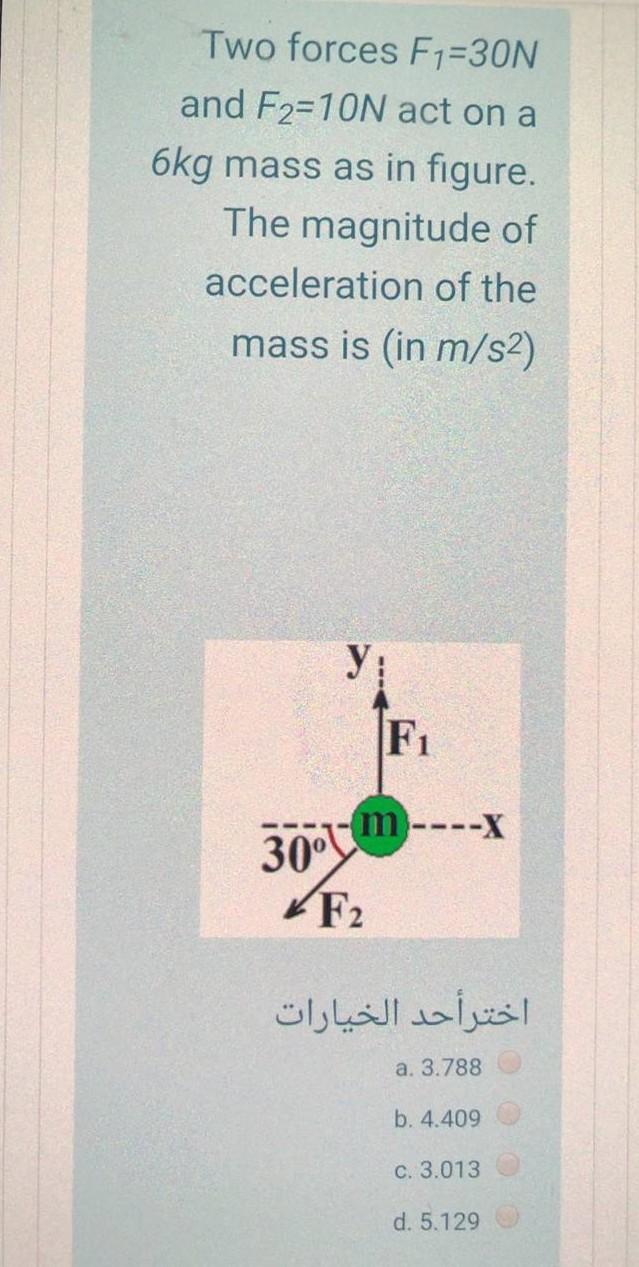Solved Two forces F1=30N and F2=10N act on a 6kg mass as in | Chegg.com