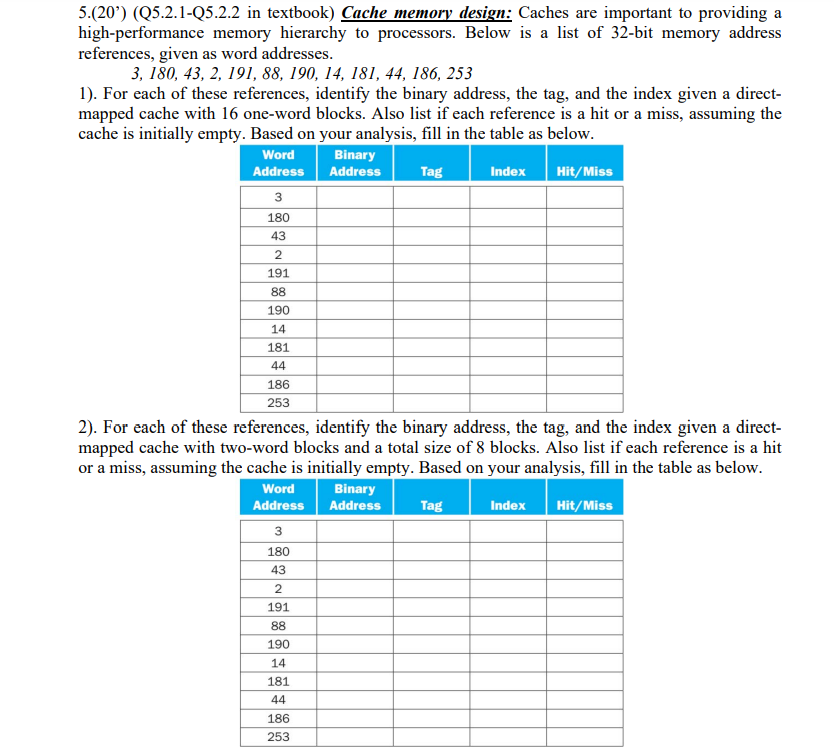 Solved 5.(20') (Q5.2.1-Q5.2.2 ﻿in textbook) ﻿Cache memory | Chegg.com