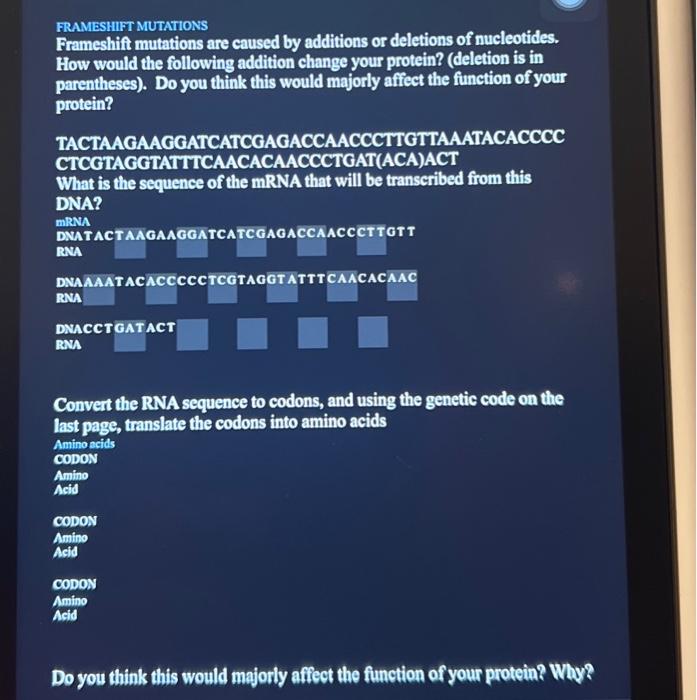 Solved FRAMESHIFT MUTATIONS Frameshift mutations are caused | Chegg.com