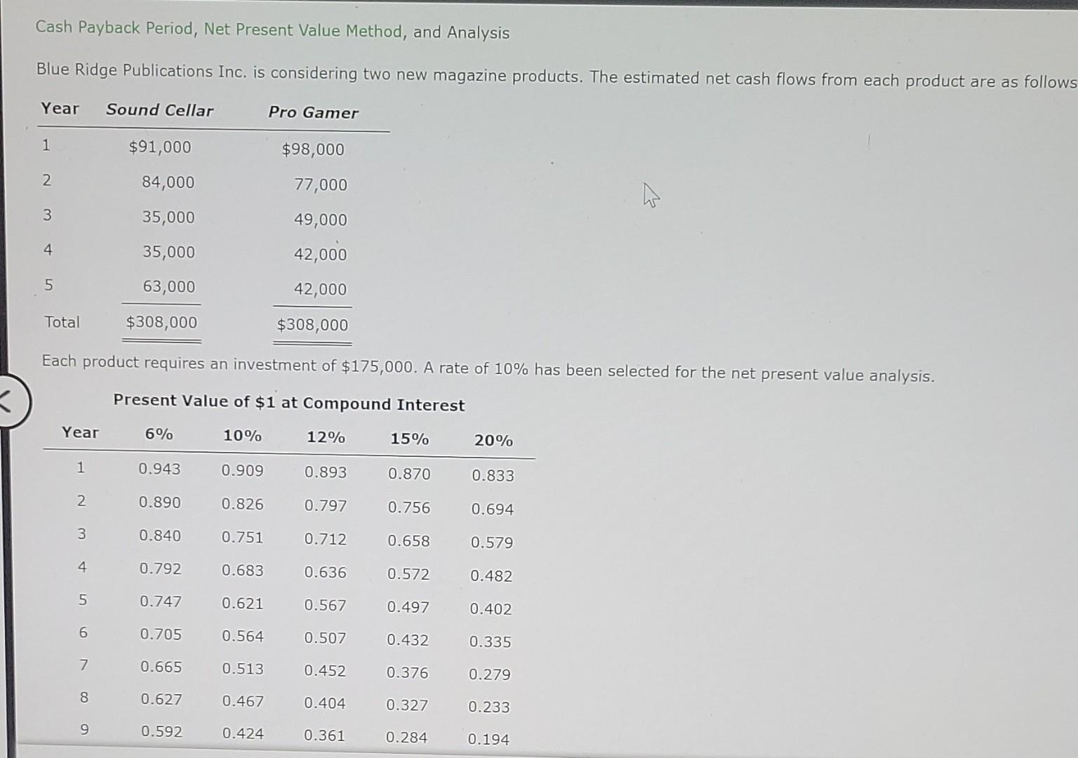 Solved Cash Payback Period, Net Present Value Method, and | Chegg.com