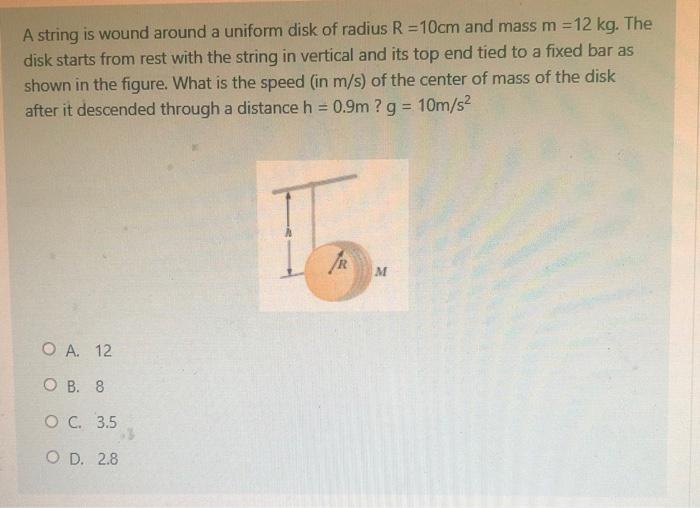 Solved A string is wound around a uniform disk of radius R = | Chegg.com