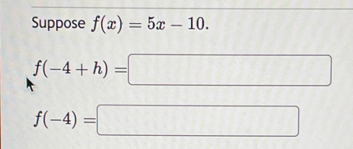 Solved Suppose f(x)=5x-10f(-4+h)=f(-4)= | Chegg.com