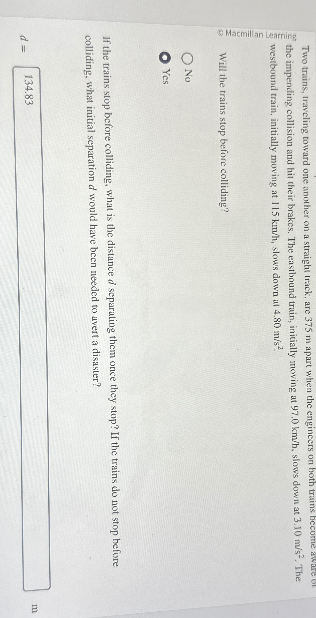 Solved Two trains, traveling toward one another on a | Chegg.com