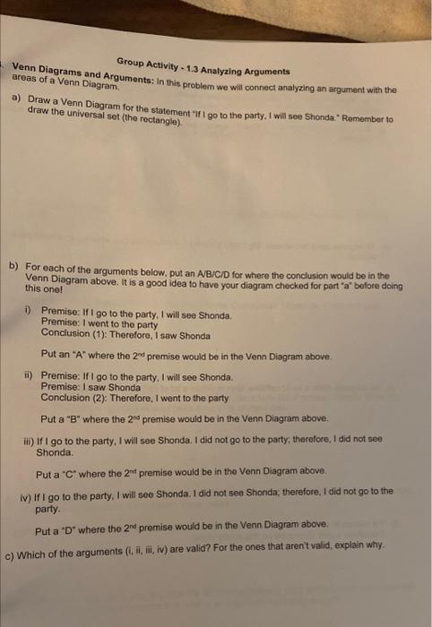 Solved Group Activity - 1.3 Analyzing Arguments Venn | Chegg.com