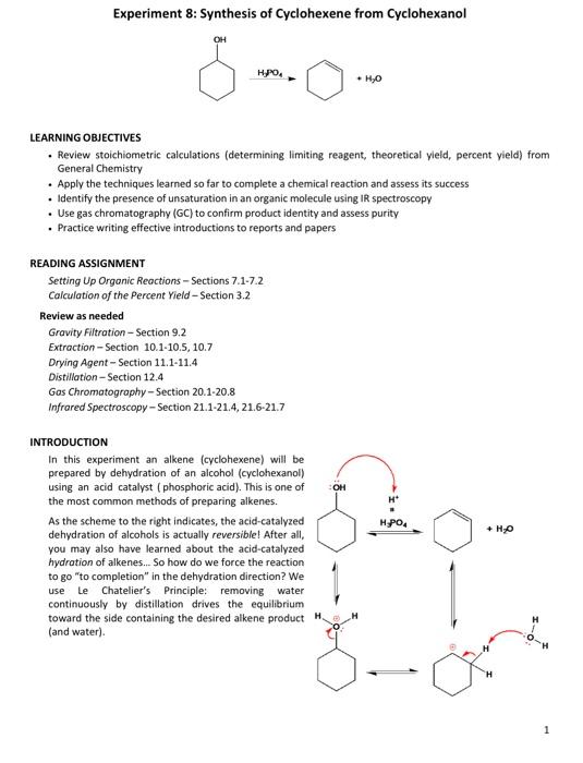 Solved Experiment 8: Synthesis of Cyclohexene from | Chegg.com