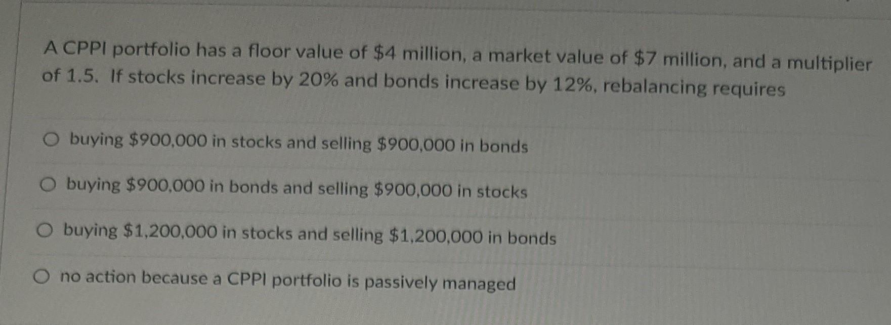 Solved A CPPI portfolio has a floor value of $4 million, a | Chegg.com