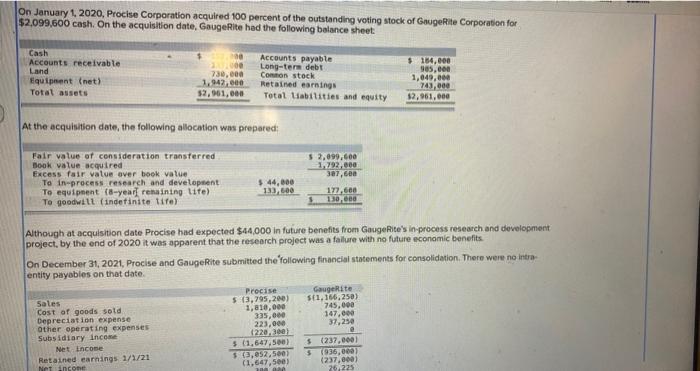 Solved On January 1, 2020, Procise Corporation acquired 100 | Chegg.com