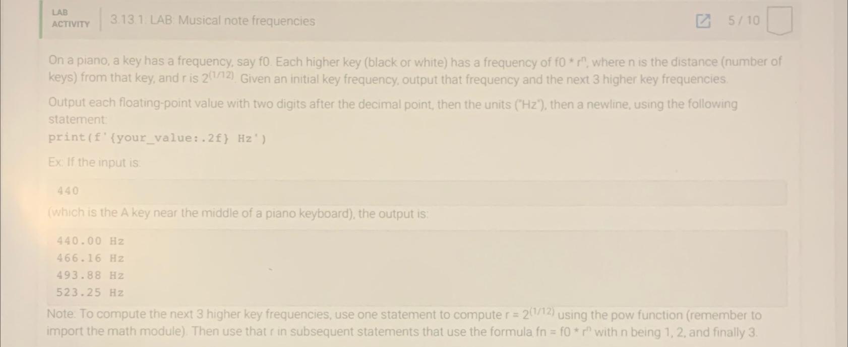 Solved LAB3.13.1: LAB: Musical note frequencies[ 510On a | Chegg.com
