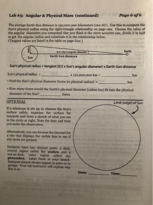 Lab #5: Angular \& Physical Sizes (continued) Page 6 | Chegg.com
