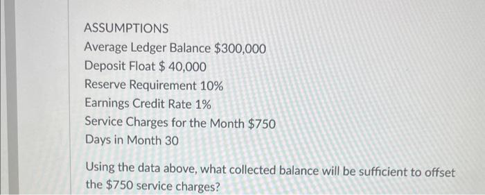 Solved ASSUMPTIONS Average Ledger Balance $300,000 Deposit | Chegg.com