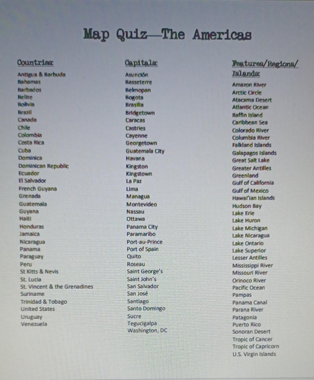 Map Quiz_The Americas | Chegg.com