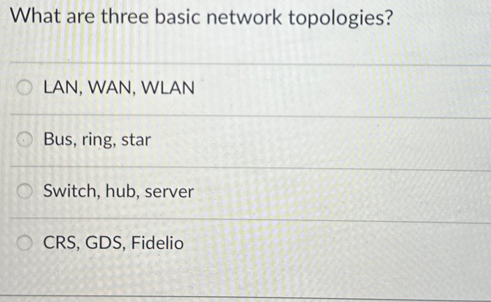 Solved What Are Three Basic Network Topologies Lan Wan Chegg