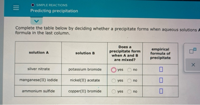 Solved O SIMPLE REACTIONS Predicting precipitation Complete | Chegg.com