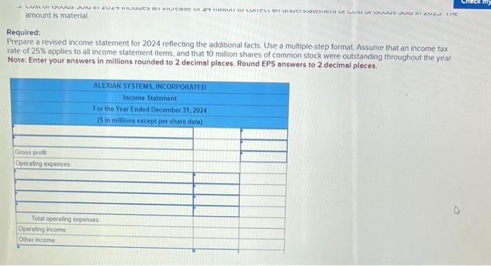 Solved The preliminary 2024 income statement of Alexian | Chegg.com