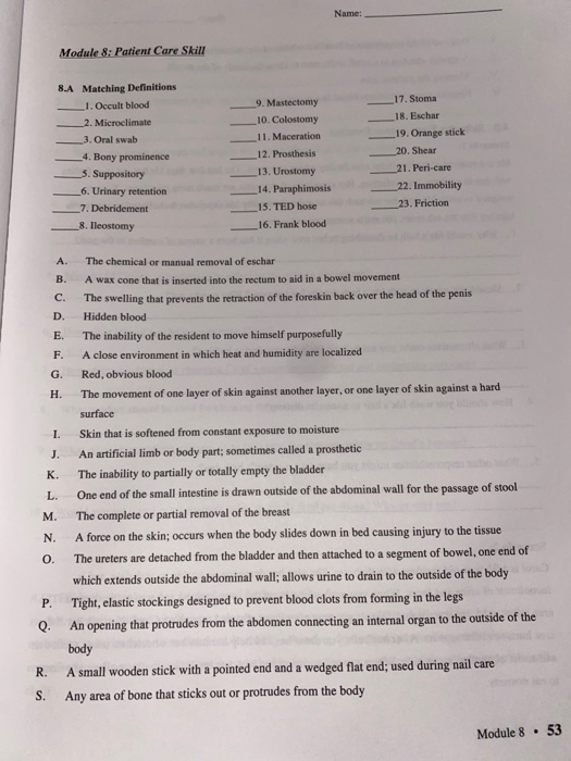 Solved Name: Module 8: Patient Care Skill 8.A Matching | Chegg.com