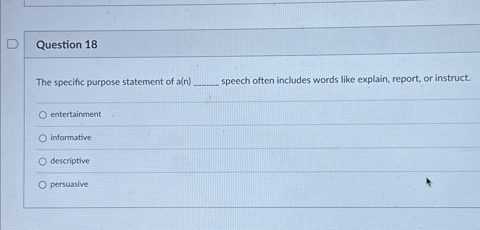 Solved Question 18The specific purpose statement of a(n) | Chegg.com