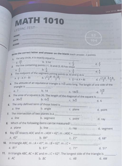 Solved MATH 1010 LIFEPAC TEST NAME DATE SCORE Write the | Chegg.com