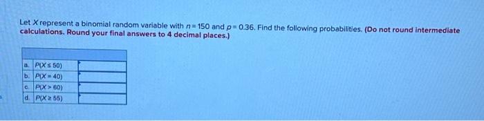 Solved Let X represent a binomial random variable with n= | Chegg.com
