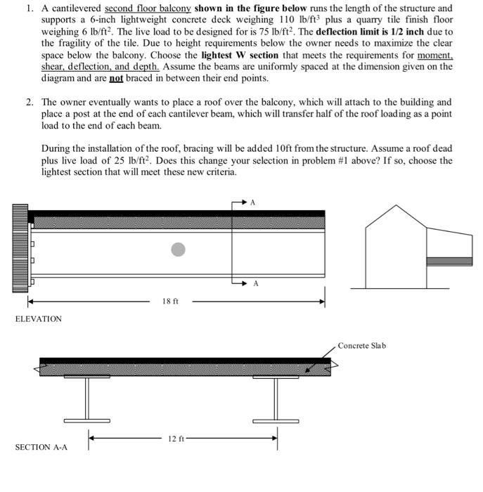 Solved 1. A cantilevered second floor balcony shown in the | Chegg.com