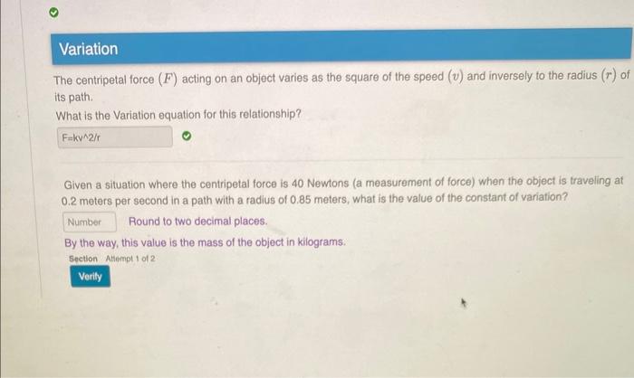 Solved The centripetal force (F) acting on an object varies | Chegg.com