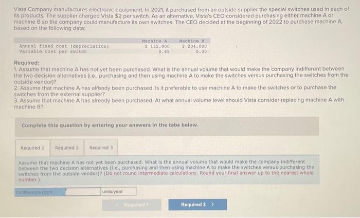 Solved Vista Company manufactures electronic equipment. In | Chegg.com