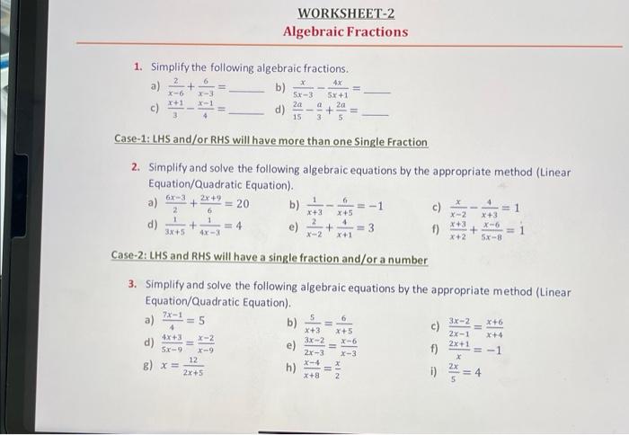 Solved 1. Simplify the following algebraic fractions. a) | Chegg.com