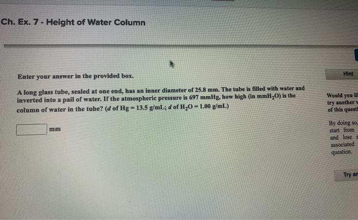 Solved Ch. Ex. 7 - Height of Water Column Hint Enter your | Chegg.com