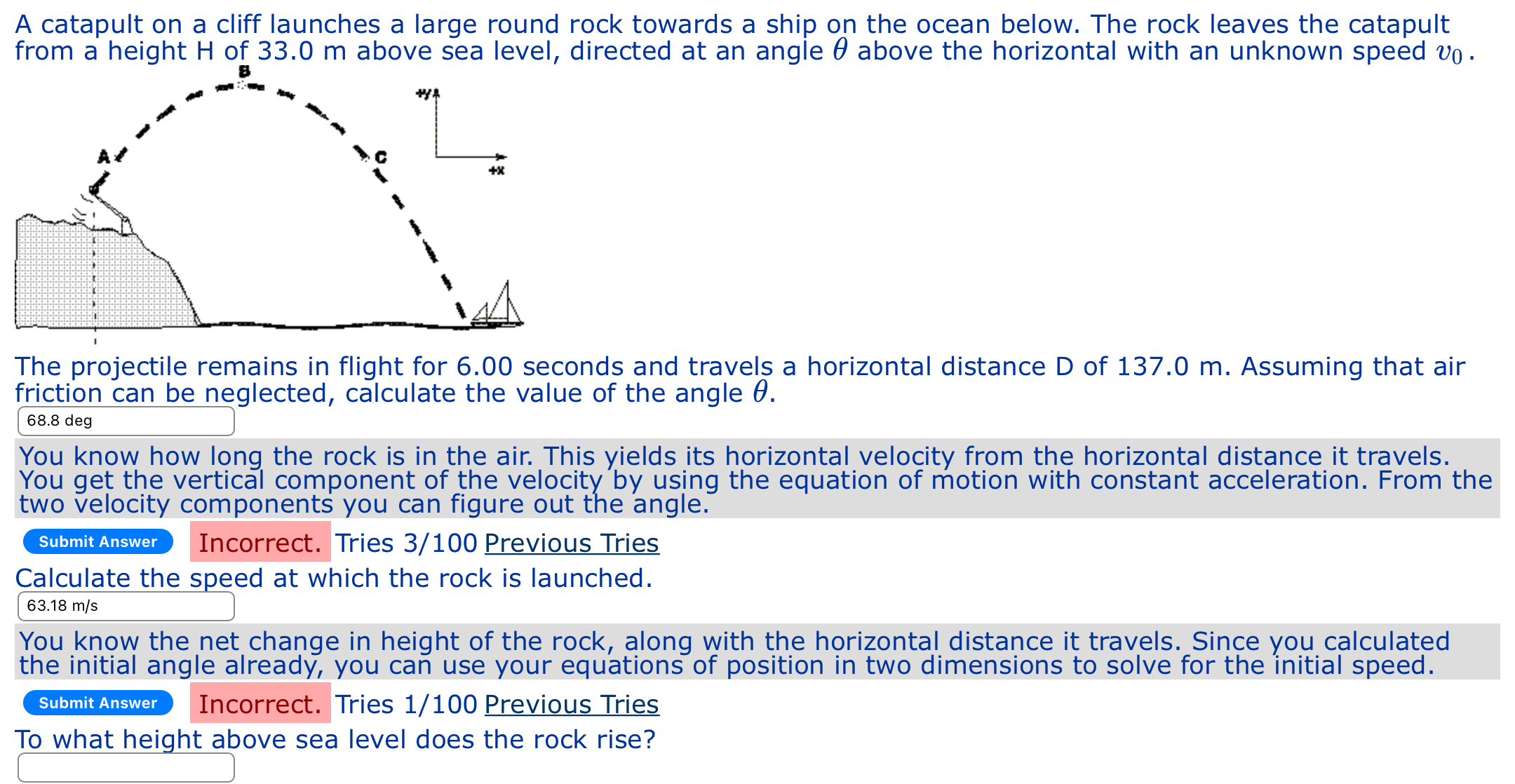 Solved A catapult on a cliff launches a large round rock | Chegg.com