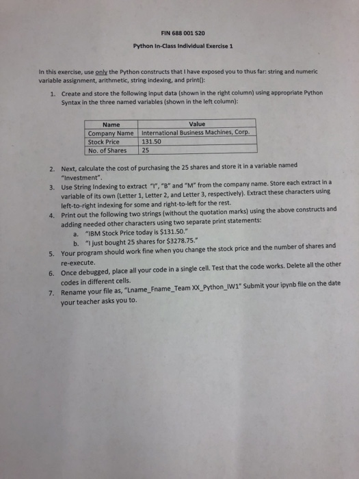 Solved Fin 688 001 520 Python In Class Individual Exercise 1 2285