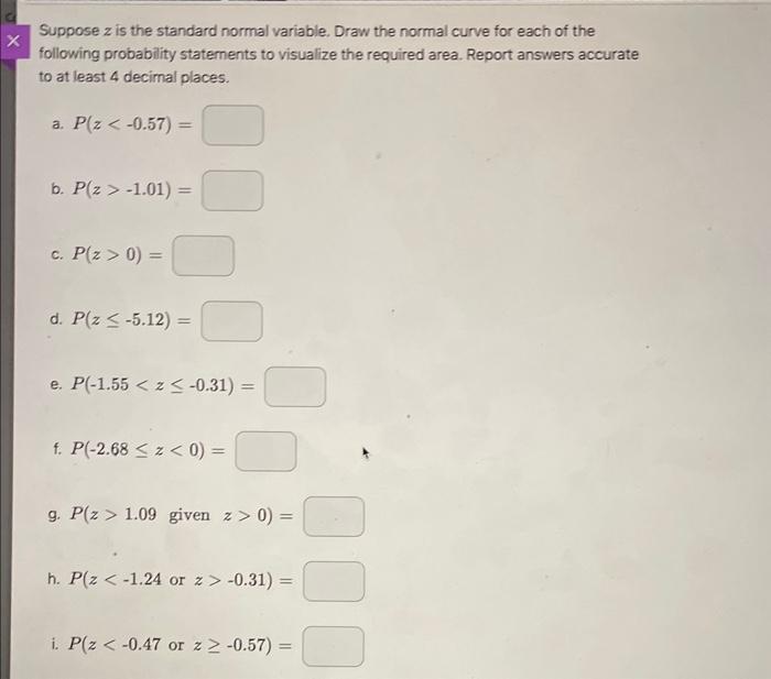 Solved Suppose z is the standard normal variable. Draw the | Chegg.com