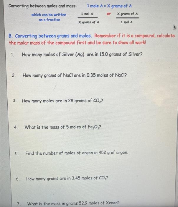 Solved Converting between moles and mass: 1 mole A=X grams | Chegg.com
