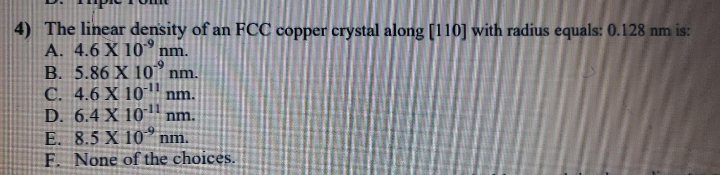 Solved .ורות 4) The linear density of an FCC copper crystal | Chegg.com