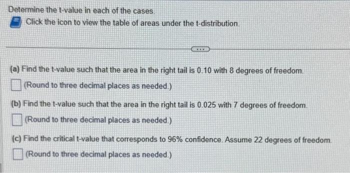 Solved Determine the t-value in each of the cases. Click the | Chegg.com