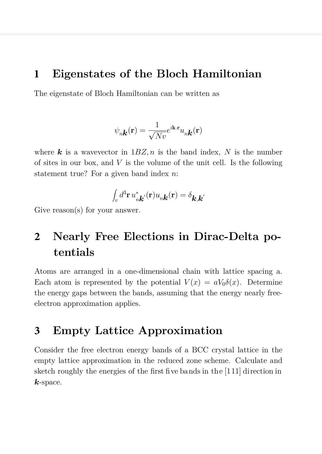 Solved 1 Eigenstates of the Bloch Hamiltonian The eigenstate | Chegg.com