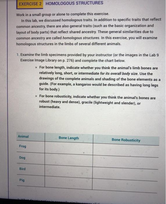 Solved EXERCISE 2 HOMOLOGOUS STRUCTURES Work in a small | Chegg.com