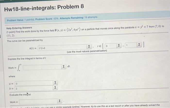 Solved Help Entering Answers (1 point) Find the work done by | Chegg.com