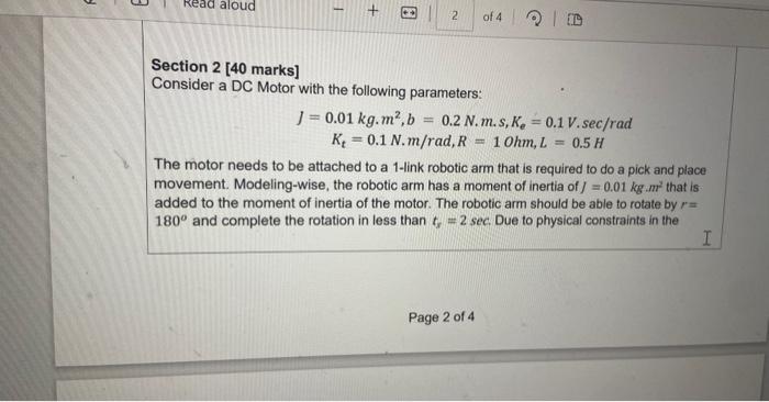 Solved Section 2 [40 marks] Consider a DC Motor with the | Chegg.com