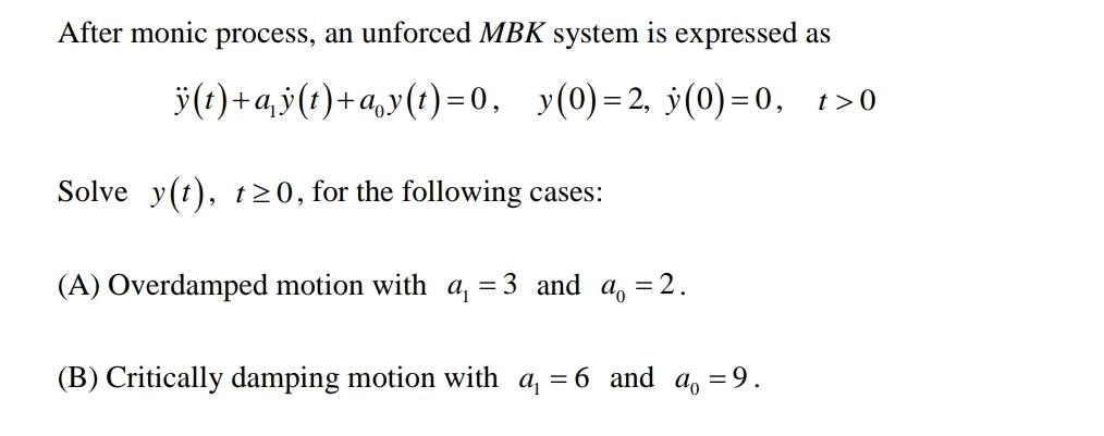 Solved After monic process, an unforced MBK system is | Chegg.com