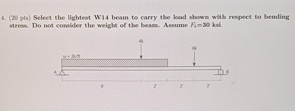 Solved 4. (20 pts) Select the lightest W14 beam to carry the | Chegg.com