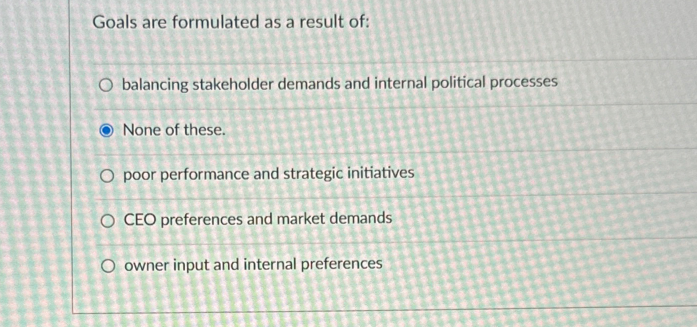 Solved Goals are formulated as a result of:balancing | Chegg.com