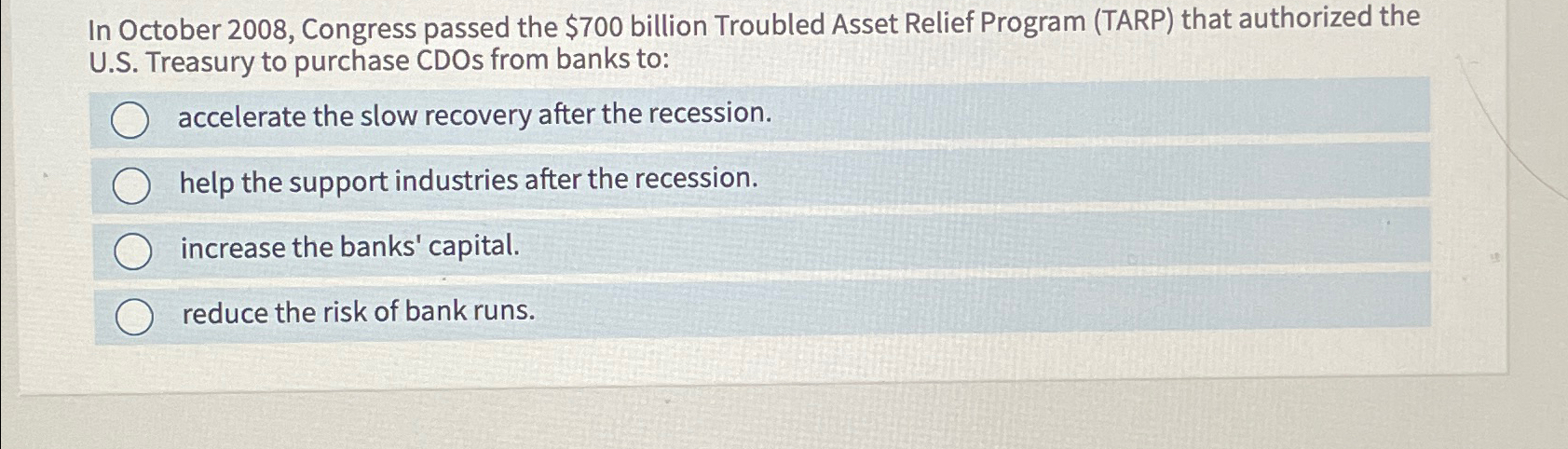 Solved In October 2008, ﻿Congress passed the $700 ﻿billion | Chegg.com