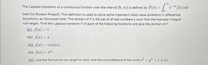 Solved The Laplace transform of a continuous function over | Chegg.com