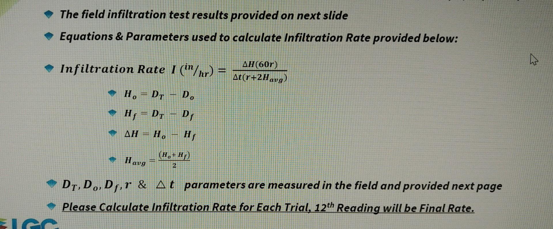 Solved The field infiltration test results provided on next | Chegg.com
