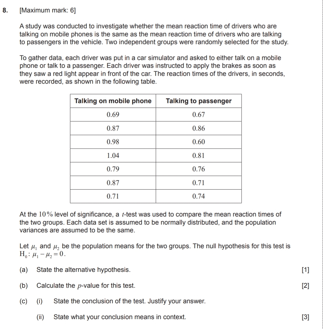 Solved [Maximum mark: 6]A study was conducted to investigate | Chegg.com
