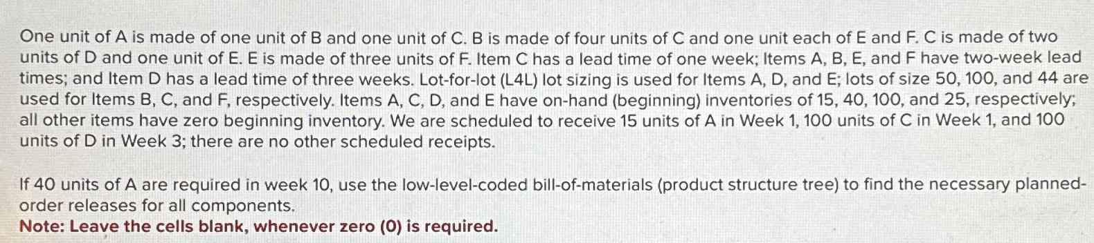 Solved One unit of A ﻿is made of one unit of B ﻿and one unit | Chegg.com