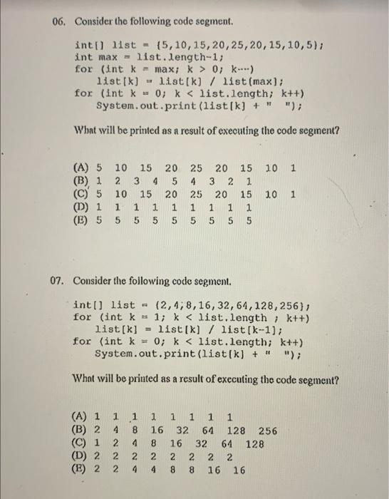 Solved 06. Consider the following code segment. int]l] | Chegg.com