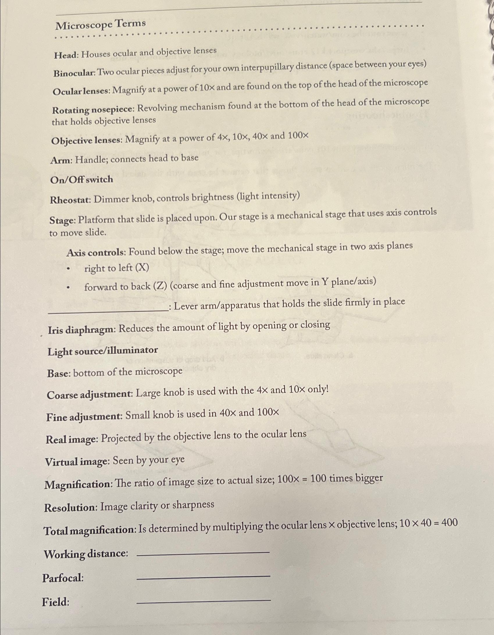 Solved Microscope TermsHead: Houses ocular and objective | Chegg.com